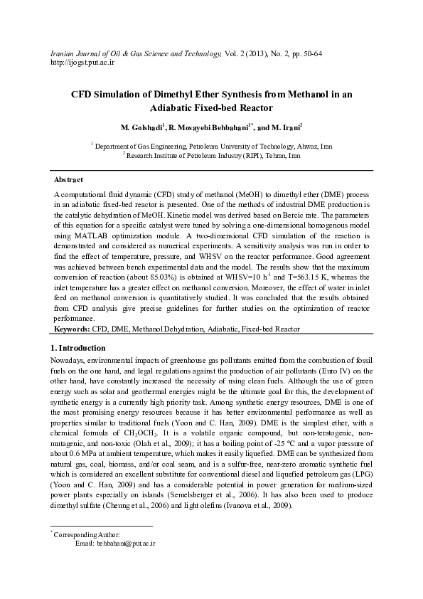 Pdf Cfd Simulation Of Dimethyl Ether Synthesis From Methanol In An