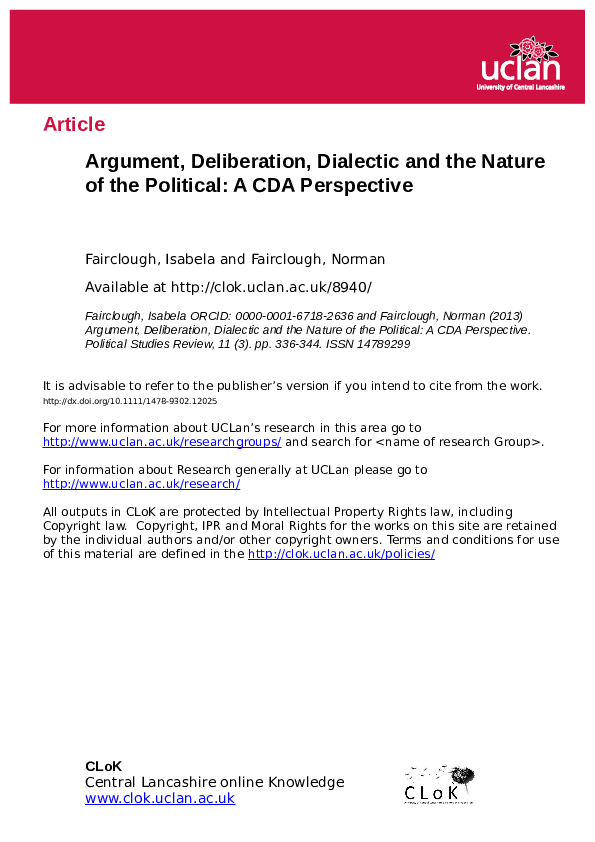 (PDF) Argument, Deliberation, Dialectic and the Nature of the Political: A CDA Perspective