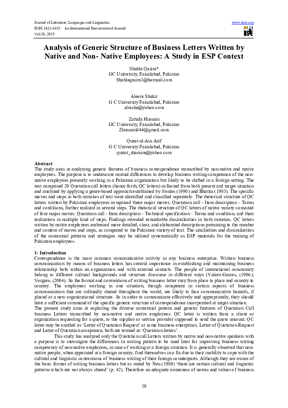 (PDF) Analysis of Generic Structure of Business Letters Written by ...