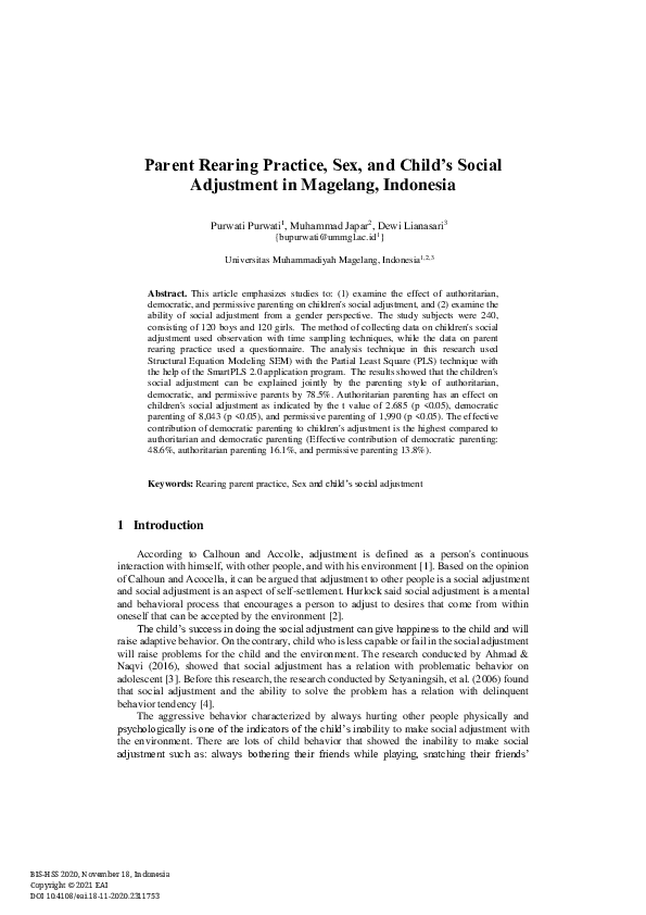 (PDF) Parent Rearing Practice, Sex, and Child’s Social Adjustment in ...