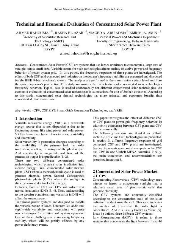 (PDF) Technical and Economic Evaluation of Concentrated Solar Power Plant