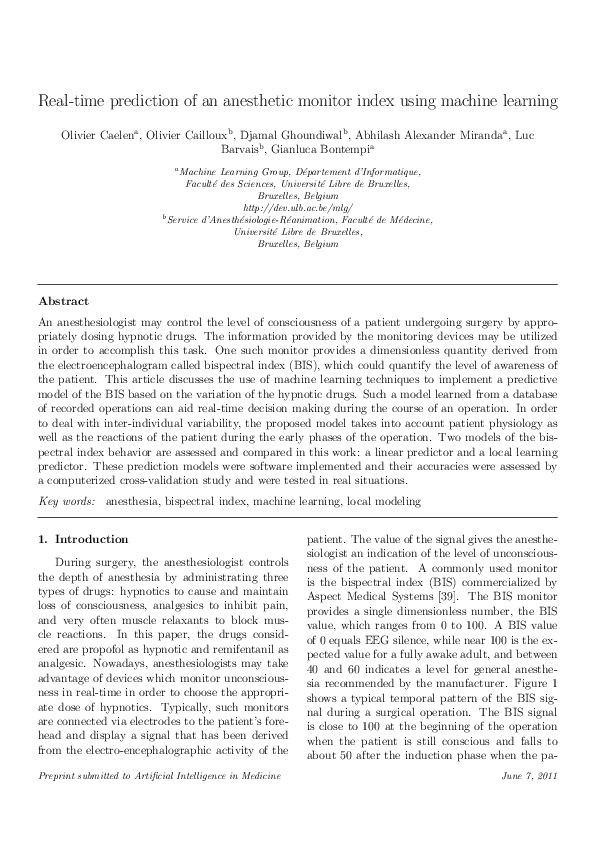 Pdf Real Time Prediction Of An Anesthetic Monitor Index Using Machine Learning