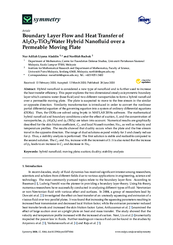 (PDF) Boundary Layer Flow and Heat Transfer of Al2O3-TiO2/Water Hybrid Nanofluid over a ...