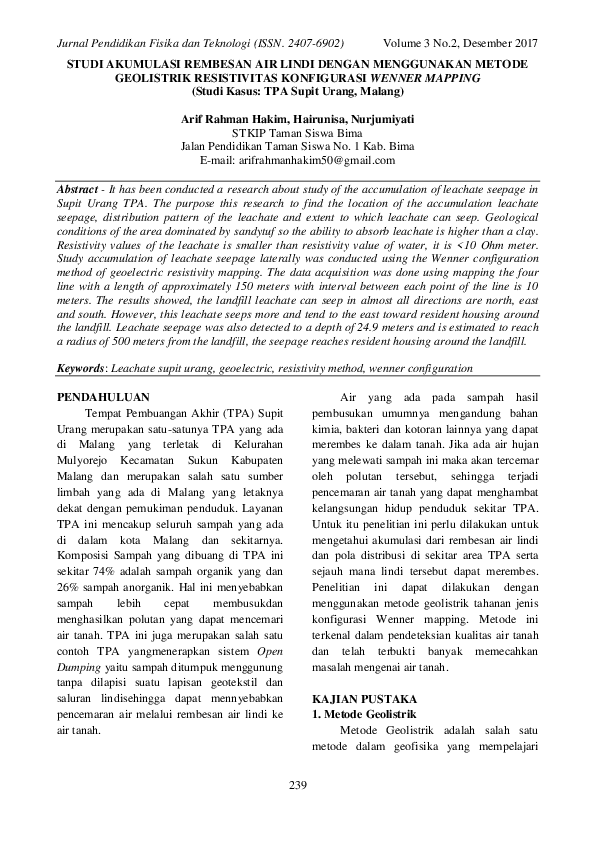 (PDF) STUDI AKUMULASI REMBESAN AIR LINDI DENGAN MENGGUNAKAN METODE GEOLISTRIK RESISTIVITAS ...