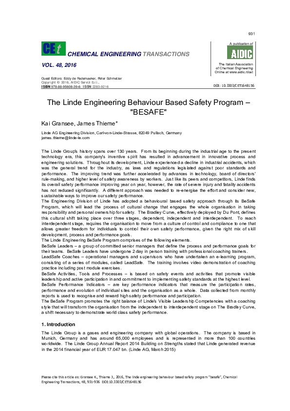 (PDF) The Linde Engineering Behaviour Based Safety Program – "BESAFE
