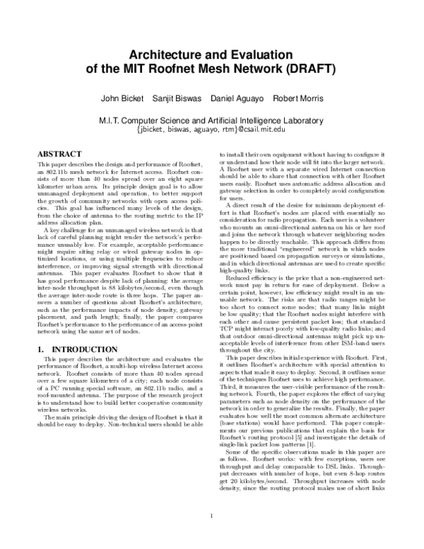 (PDF) Architecture and evaluation of the MIT Roofnet mesh network