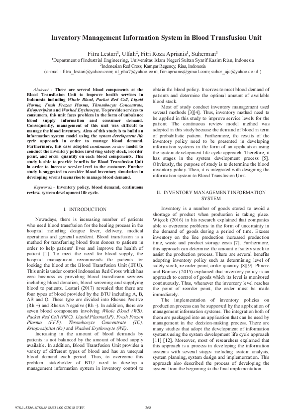 (PDF) Inventory Management Information System in Blood Transfusion Unit