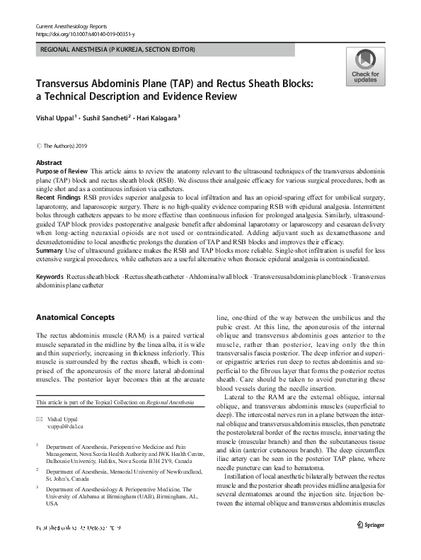 (PDF) Transversus Abdominis Plane (TAP) and Rectus Sheath Blocks: a ...