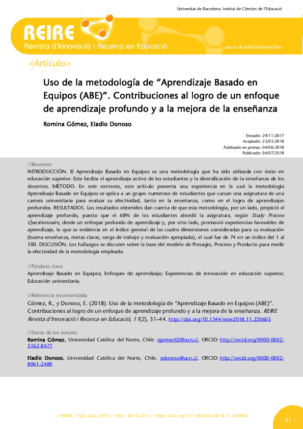 (PDF) Uso de la metodolog a de Aprendizaje Basado en Equipos (ABE) . Contribuciones al logro de ...