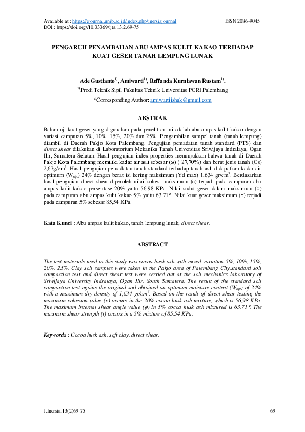 (PDF) Pengaruh Penambahan Abu Ampas Kulit Kakao Terhadap Kuat Geser Tanah Lempung Lunak