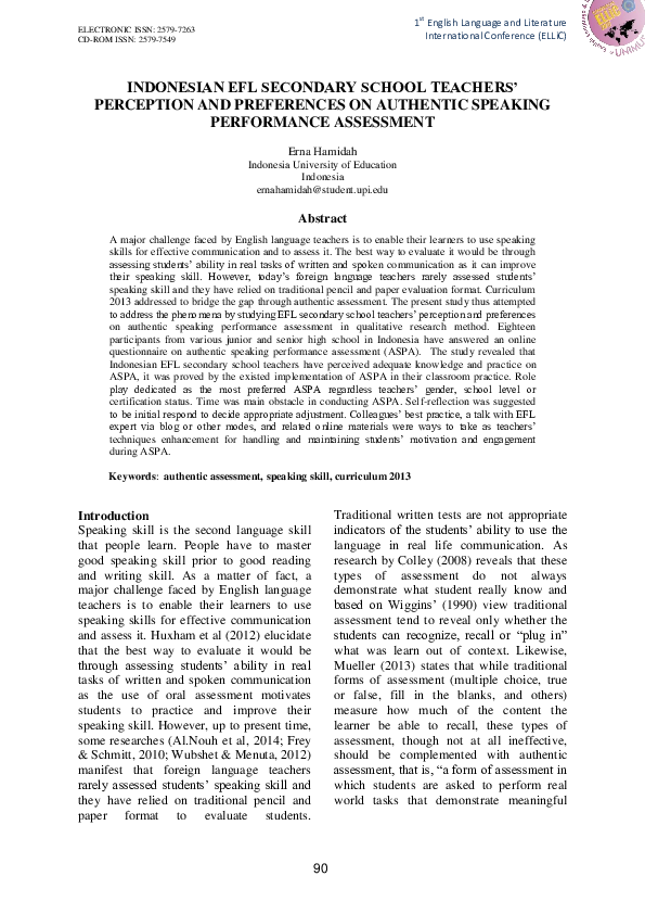 (PDF) Indonesian EFL Secondary School Teachers Perception and Preferences on Authentic Speaking ...