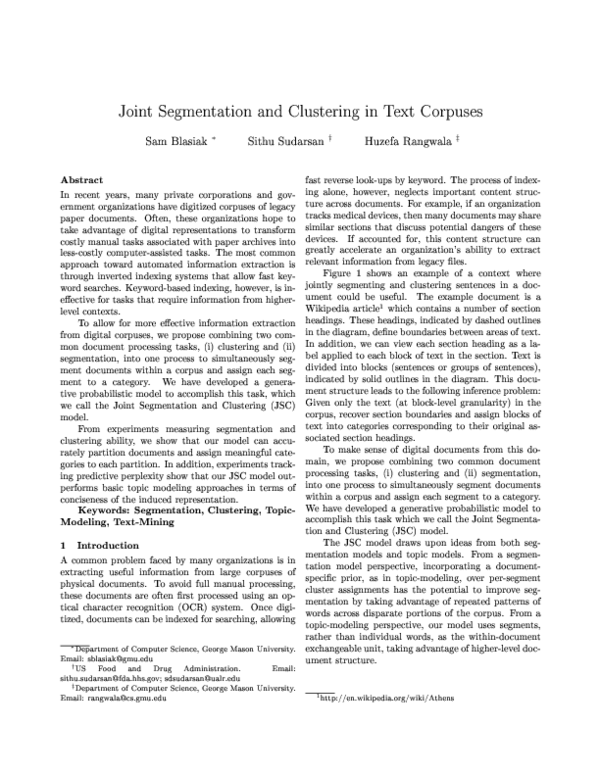 (PDF) Joint Segmentation and Clustering in Text