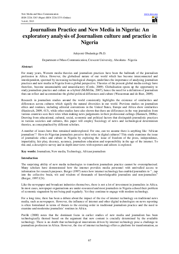 (PDF) Journalism Practice and New Media: An Exploratory Analysis of ...