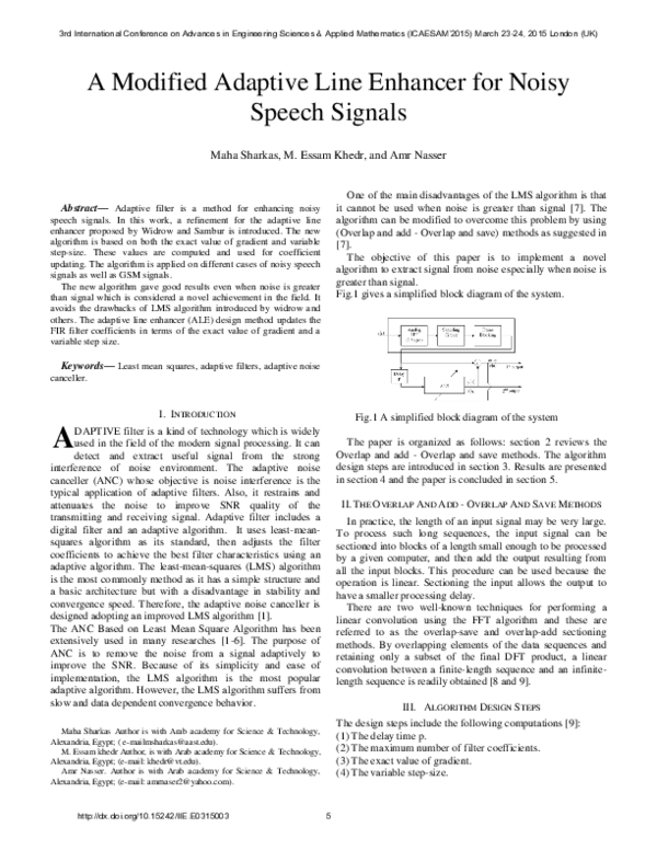 (PDF) A Modified Adaptive Line Enhancer for Noisy Speech Signals