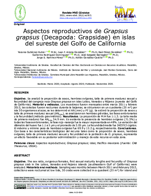 (PDF) Aspectos reproductivos de Grapsus grapsus (Decapoda: Grapsidae ...