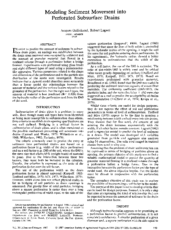 Pdf Modeling Sediment Movement Into Perforated Subsurface Drains