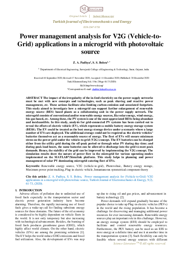 (PDF) Power management analysis for V2G (Vehicle-to- Grid) applications in a microgrid with ...
