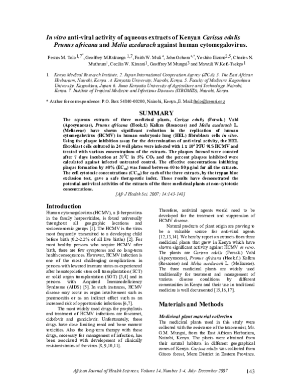 (PDF) In vitro anti-viral activity of aqueous extracts of Kenyan Carissa edulis Prunus africana ...