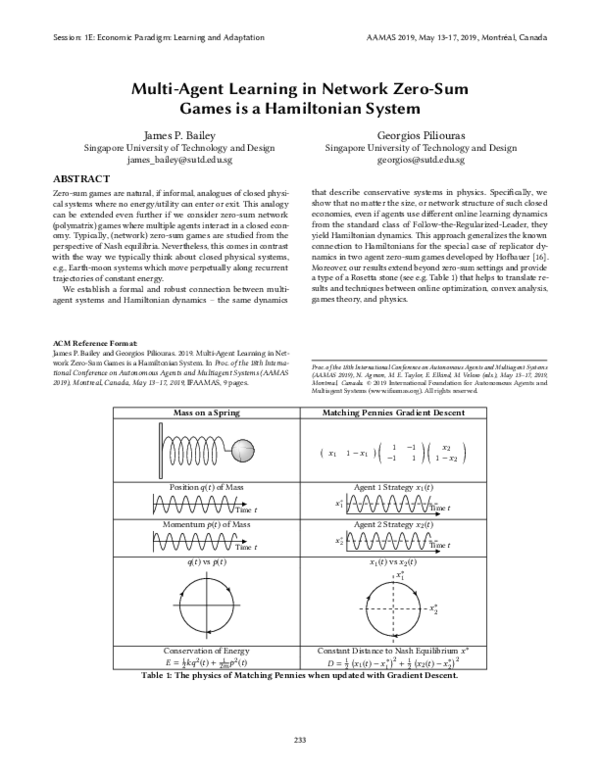 (PDF) Multi-Agent Learning in Network Zero-Sum Games is a Hamiltonian System