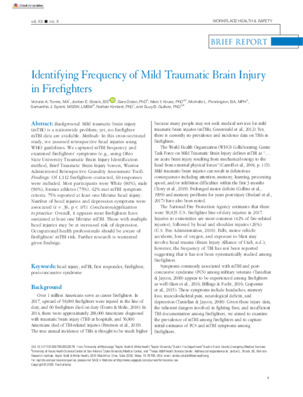 (PDF) Identifying Frequency of Mild Traumatic Brain Injury in Firefighters