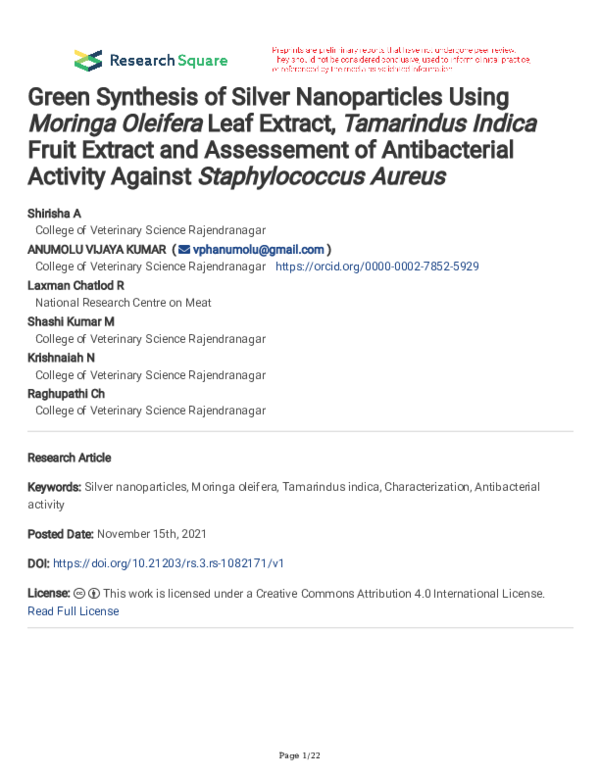 (PDF) Green Synthesis of Silver Nanoparticles Using Moringa Oleifera Leaf Extract, Tamarindus ...