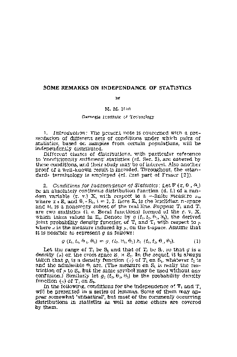 (PDF) Some remarks on independance of statistics