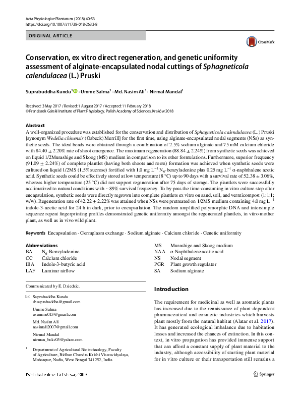 (PDF) Conservation, ex vitro direct regeneration, and genetic ...