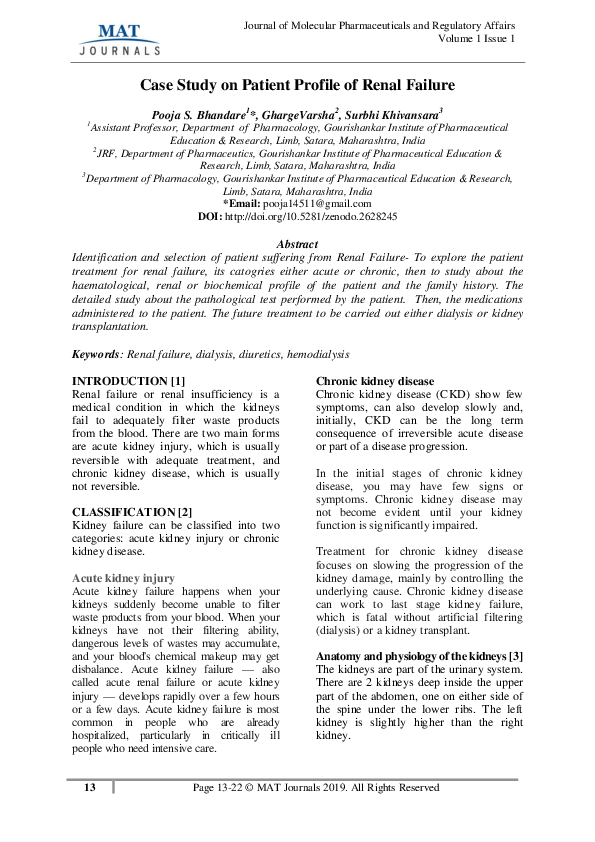 (PDF) Case Study on Patient Profile of Renal Failure