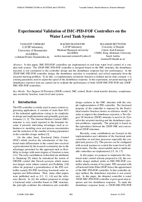 (PDF) Experimental Validation of IMC-PID-FOF Controllers on the Water Level Tank System