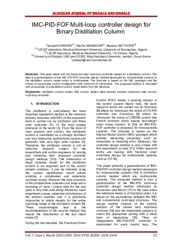 Pdf Imc Pid Fof Multi Loop Controller Design For Binary Distillation Column 3886