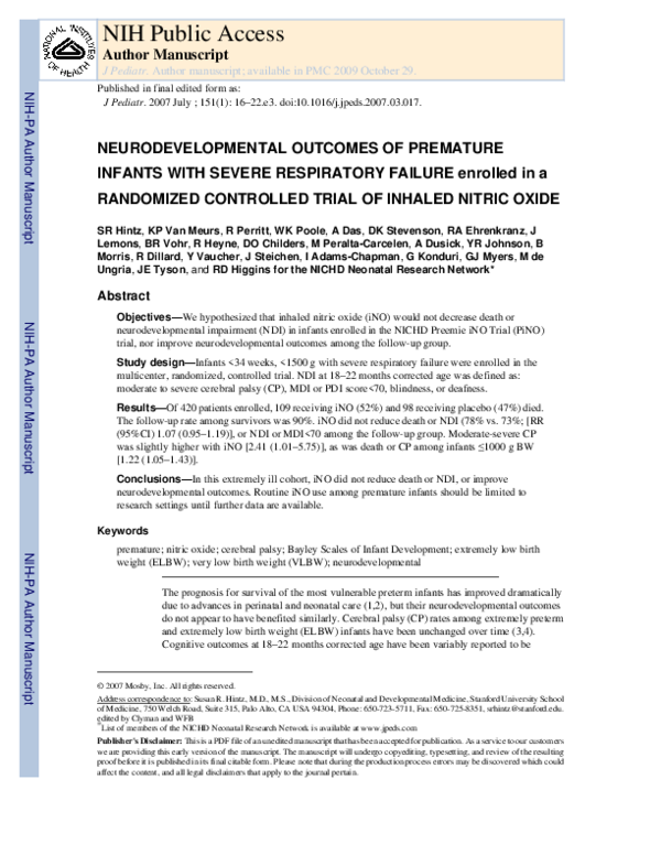 (PDF) Neurodevelopmental Outcomes of Premature Infants with Severe ...