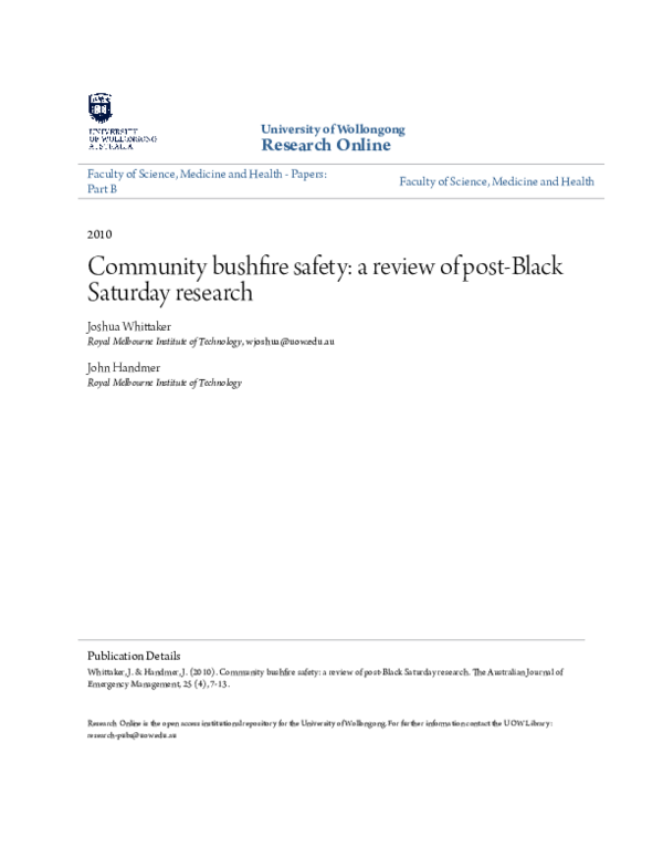 (PDF) Community bushfire safety: a review of post-Black Saturday research