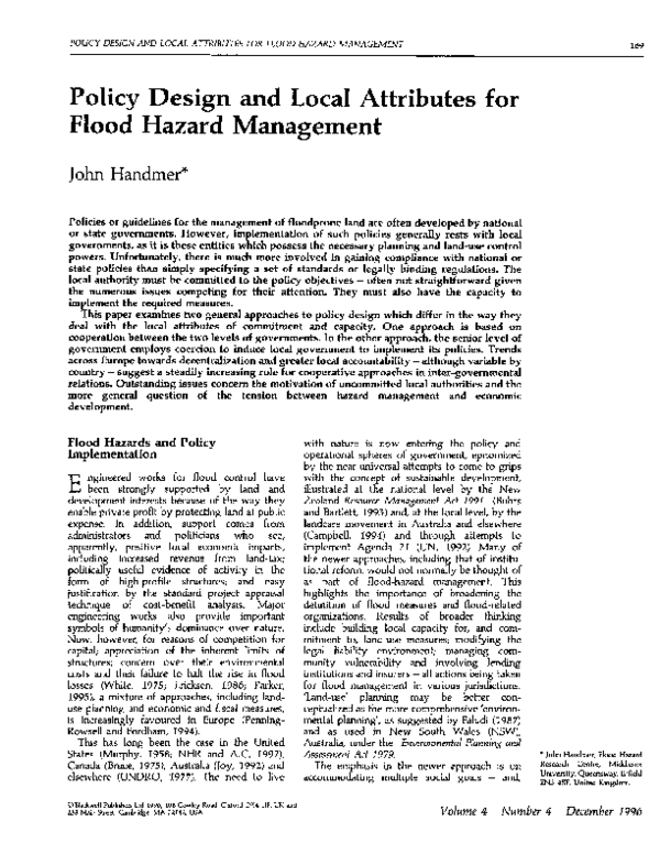 (PDF) Policy Design and Local Attributes for Flood Hazard Management (PDF) Policy Design and Local Attributes for Flood Hazard Management