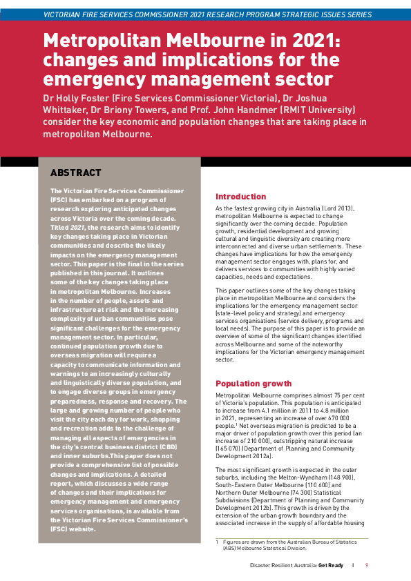 (PDF) Metropolitan Melbourne in 2021: changes and implications for the ...