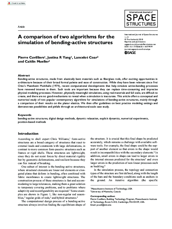 (PDF) A comparison of two algorithms for the simulation of bending-active structures