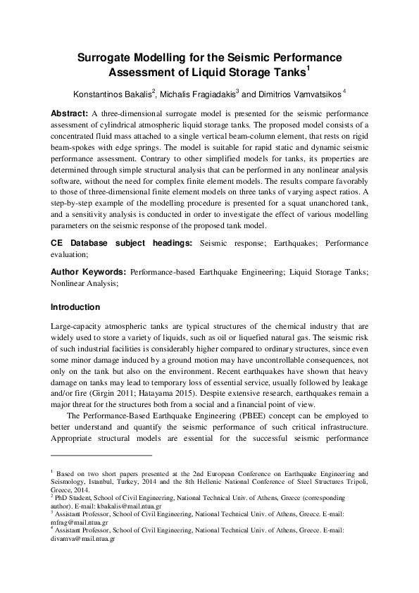 (PDF) Surrogate Modelling for the Seismic Performance Assessment of Liquid Storage Tanks