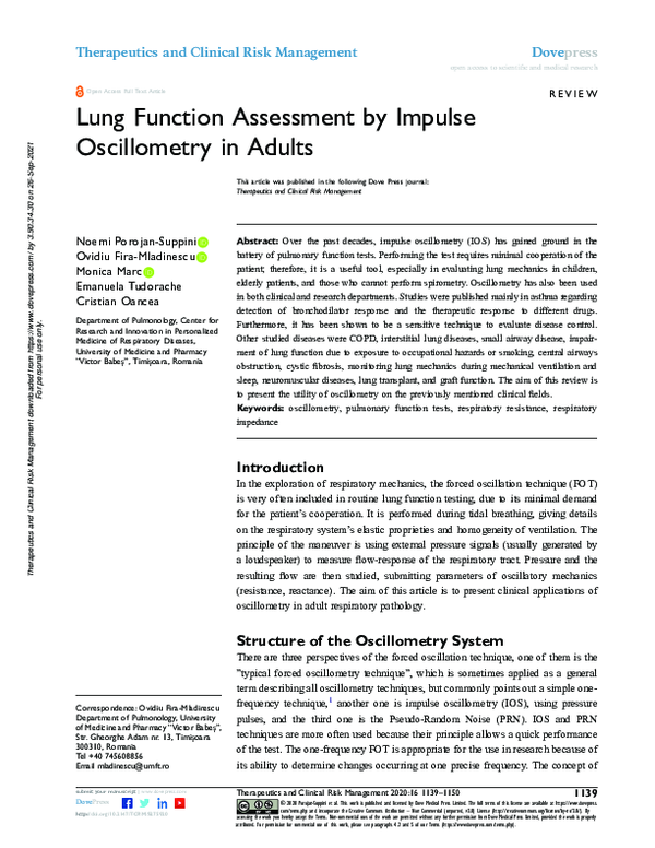 Pdf Lung Function Assessment By Impulse Oscillometry In Adults