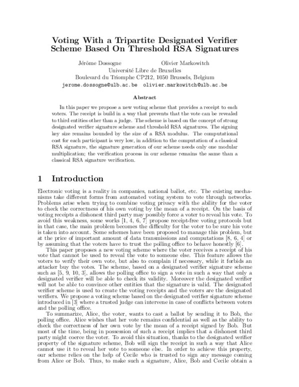 Pdf Voting With A Tripartite Designated Verifier Scheme Based On Threshold Rsa Signatures