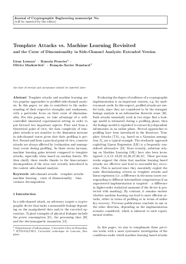 (PDF) Template attacks versus machine learning revisited and the curse of dimensionality in side ...