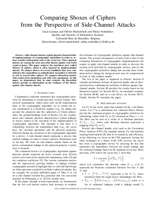 (PDF) Comparing Sboxes of ciphers from the perspective of side-channel attacks