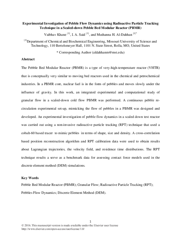 (PDF) Experimental investigation of pebble flow dynamics using radioactive particle tracking ...