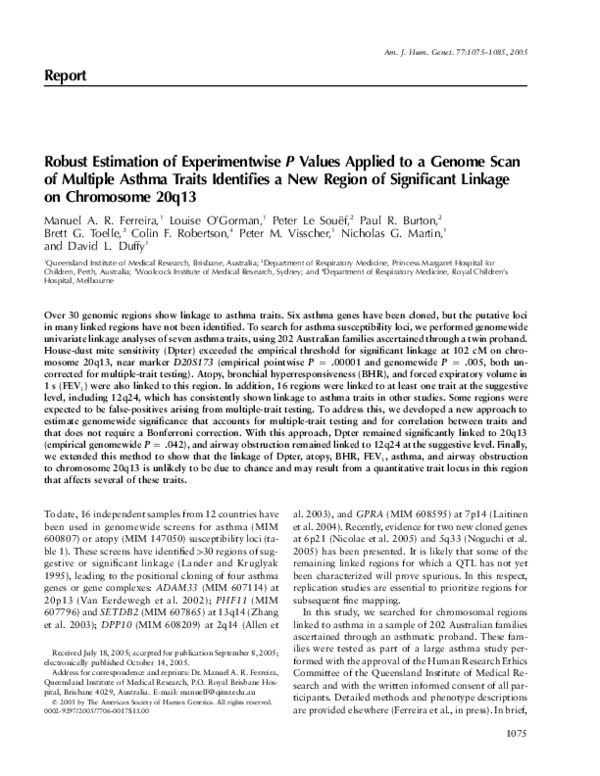 (PDF) Robust Estimation of Experimentwise P Values Applied to a Genome Scan of Multiple Asthma ...