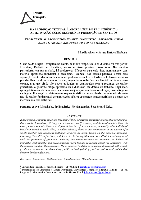 (PDF) Da Produção Textual À Abordagem Metalinguística: Adjetivação Como ...