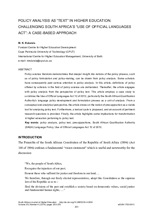 (PDF) Policy analysis as "text" in higher education: Challenging South ...