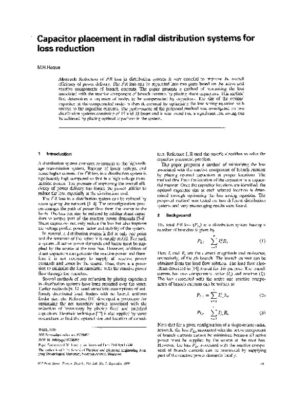 Pdf Capacitor Placement In Radial Distribution Systems For Loss Reduction