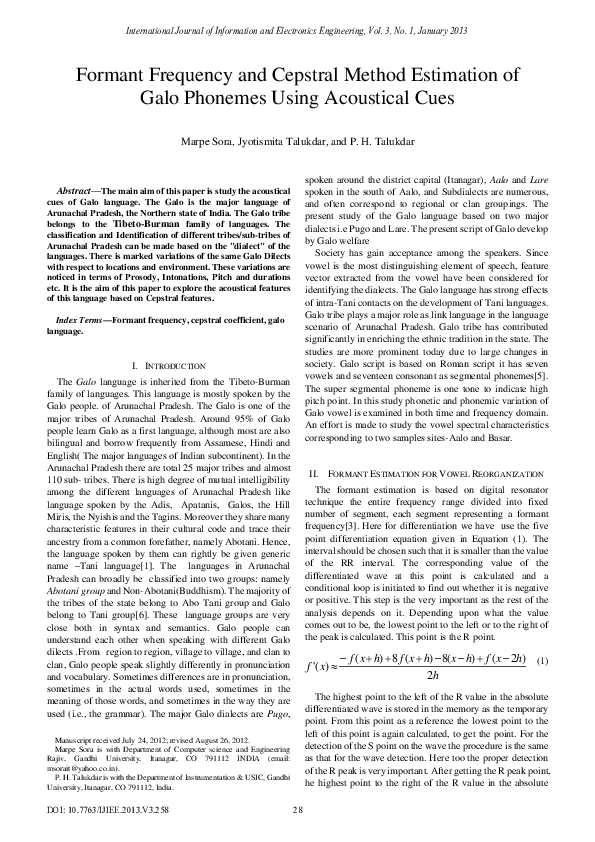 (PDF) Formant Frequency and Cepstral Method Estimation of Galo Phonemes Using Acoustical Cues