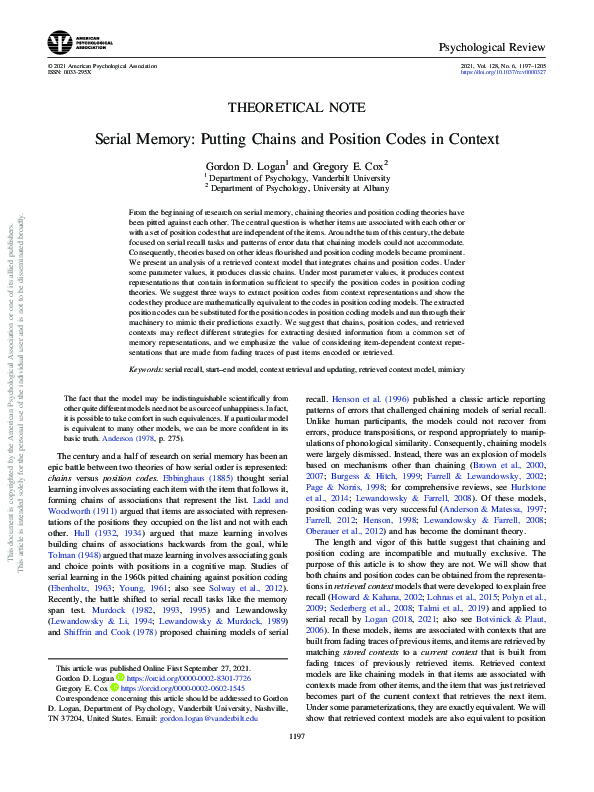 (PDF) Serial memory: Putting chains and position codes in context