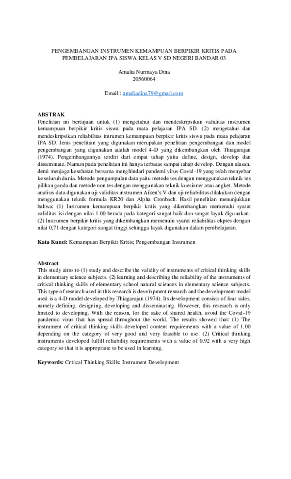 (PDF) PENGEMBANGAN INSTRUMEN KEMAMPUAN BERPIKIR KRITIS PADA PEMBELAJARAN IPA SISWA KELAS V SD ...