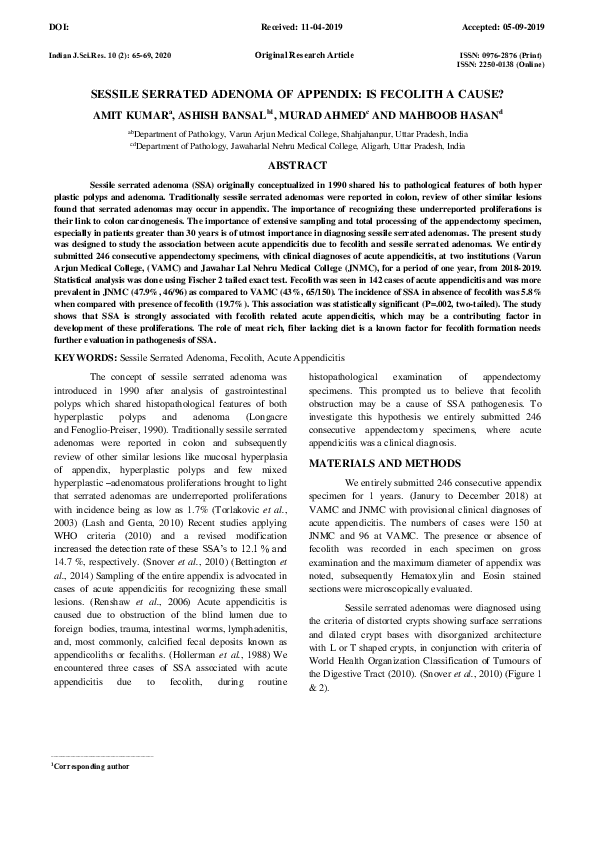 (PDF) Sessile Serrated Adenoma of Appendix: Is Fecolith a Cause?