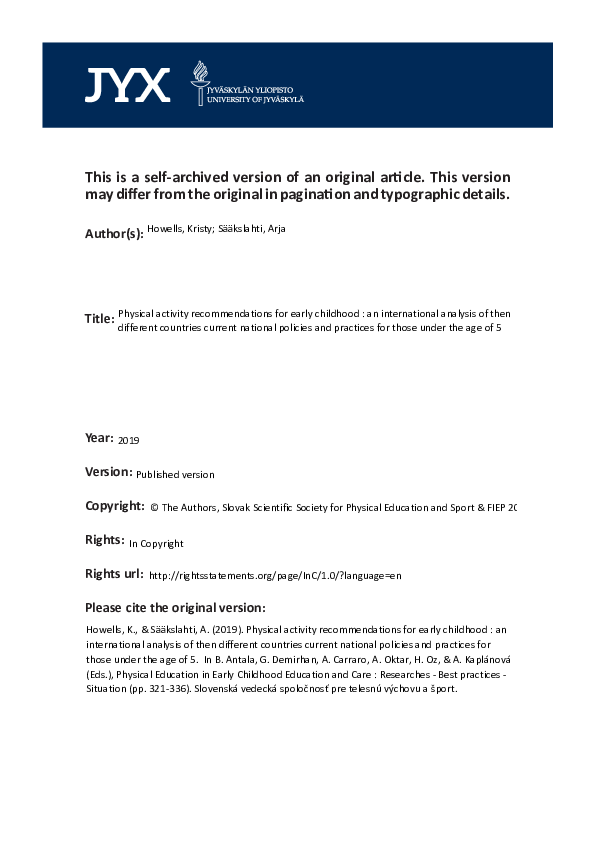 (PDF) Physical Activity Recommendations for Early Childhood: An International Analysis of Ten ...